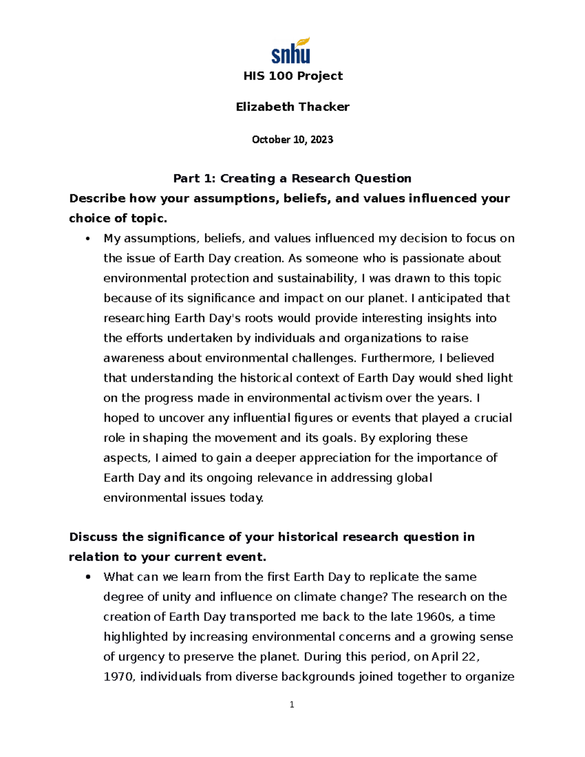 HIS Project 100 - HIS 100 Project Elizabeth Thacker October 10, 2023 ...