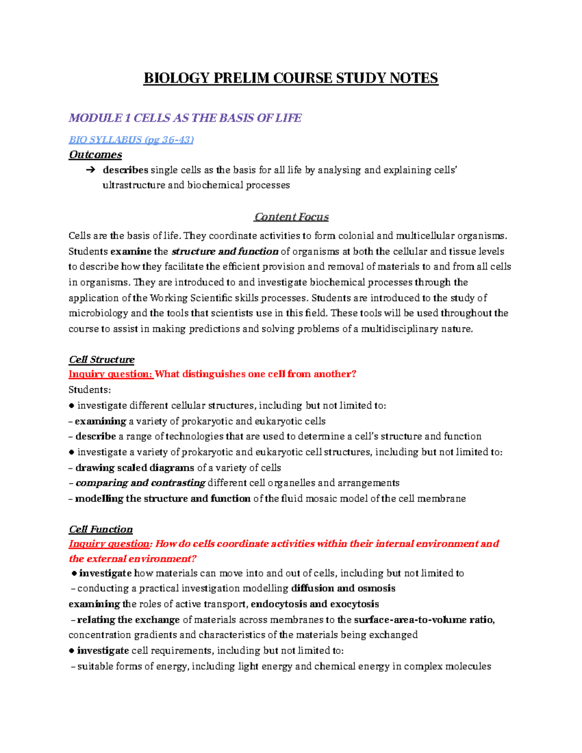 Biology Prelim Course Study Notes - BIOLOGY PRELIM COURSE STUDY NOTES ...