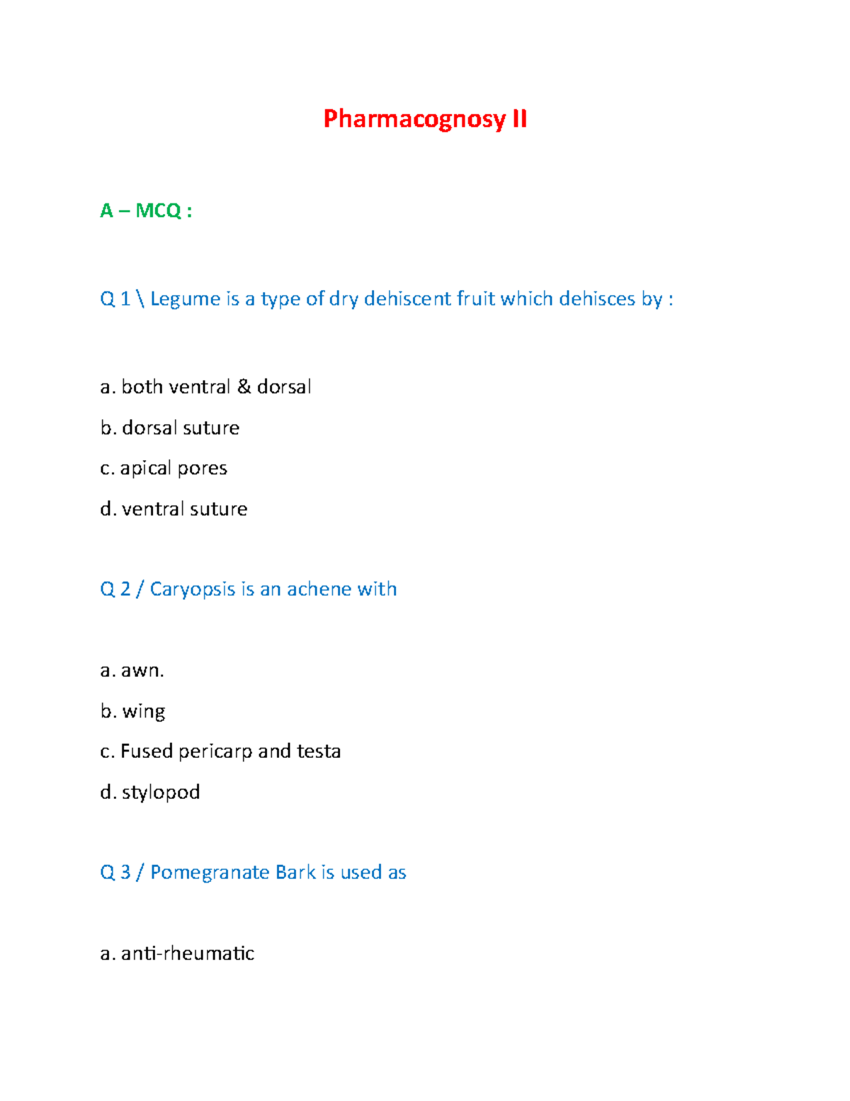 Pharmacognosy II Training Questions - Pharmacognosy II A – MCQ : Q 1 ...