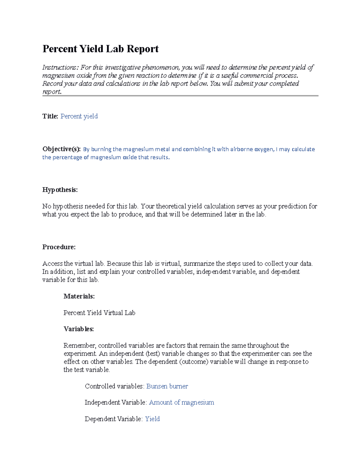 Percent Yield Lab report - Percent Yield Lab Report Instructions: For ...