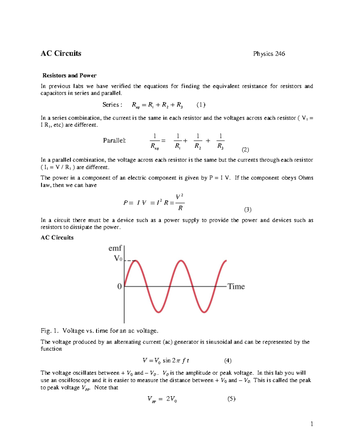Handout AC Circuits - AC Circuits Physics 246 Resistors and Power In ...