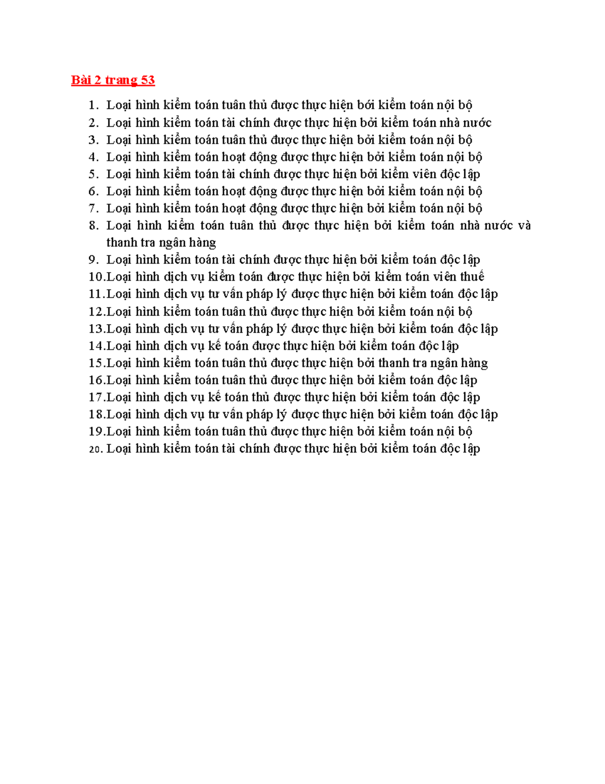 BTS1 BTVN nlkt 11 - Bài 2 trang 53 1. Loại hình kiểm toán tuân thủ được thực hiê n bới - Studocu