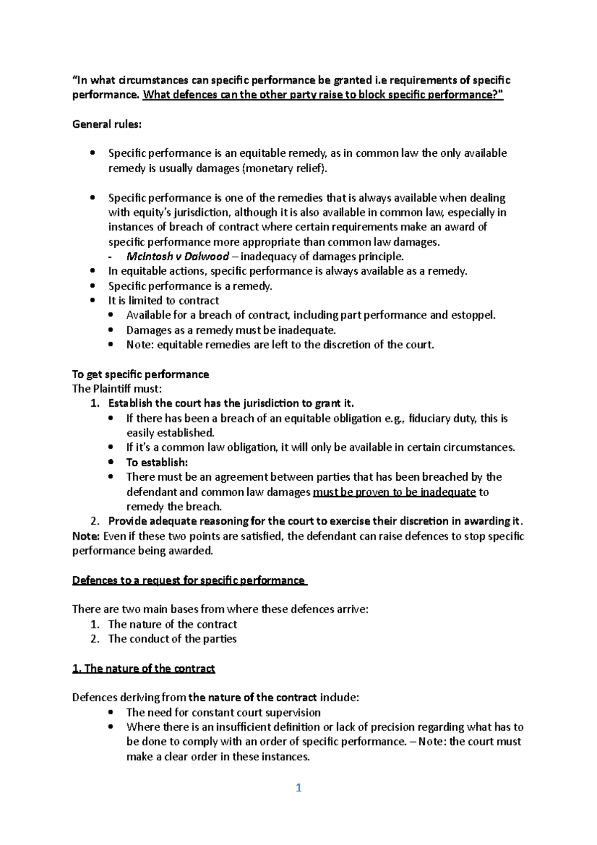 Defences to Specific Performance Summary - “In what circumstances can ...