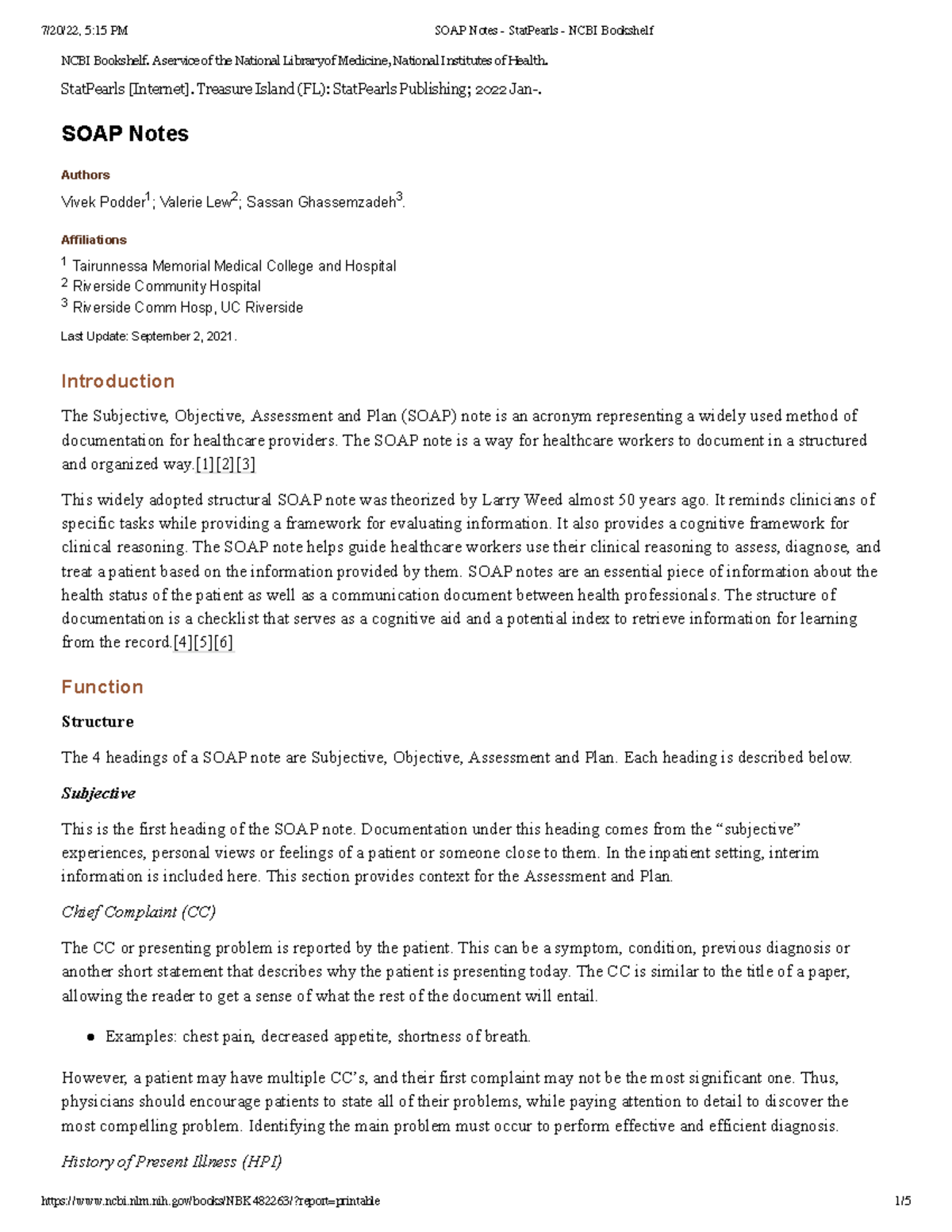 SOAP Notes Info - NCBI Bookshelf. A service of the National Library of ...