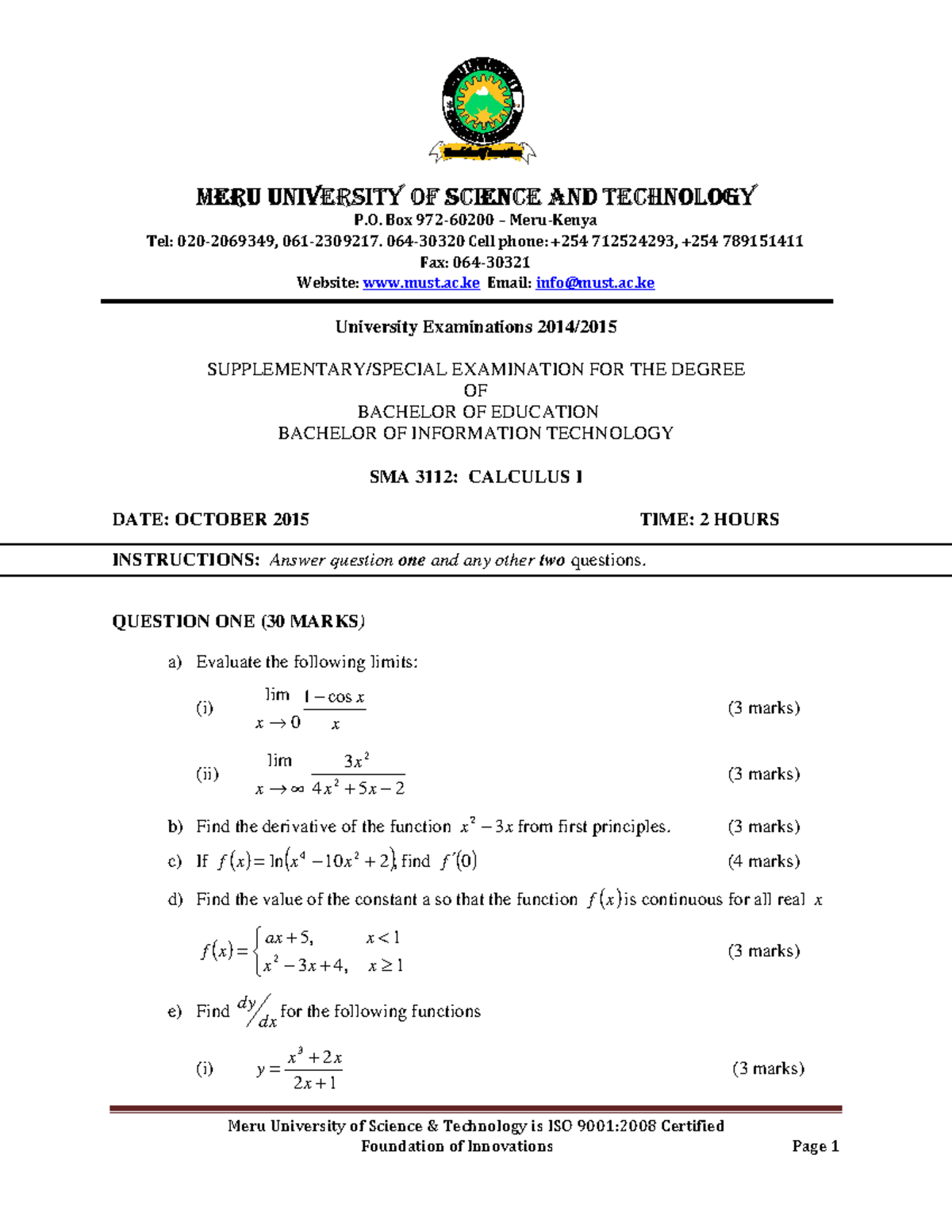 SMA 3112 Calculus I - Meru University of Science & Technology is ISO 9001:2008 Certified - Studocu