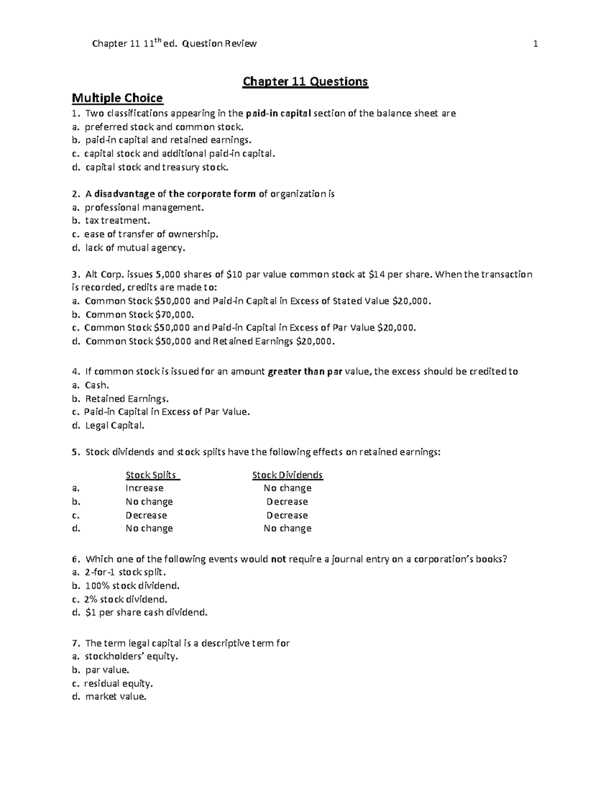Chapter 11 Question Review 11th ed - Chapter 11 Questions Multiple ...