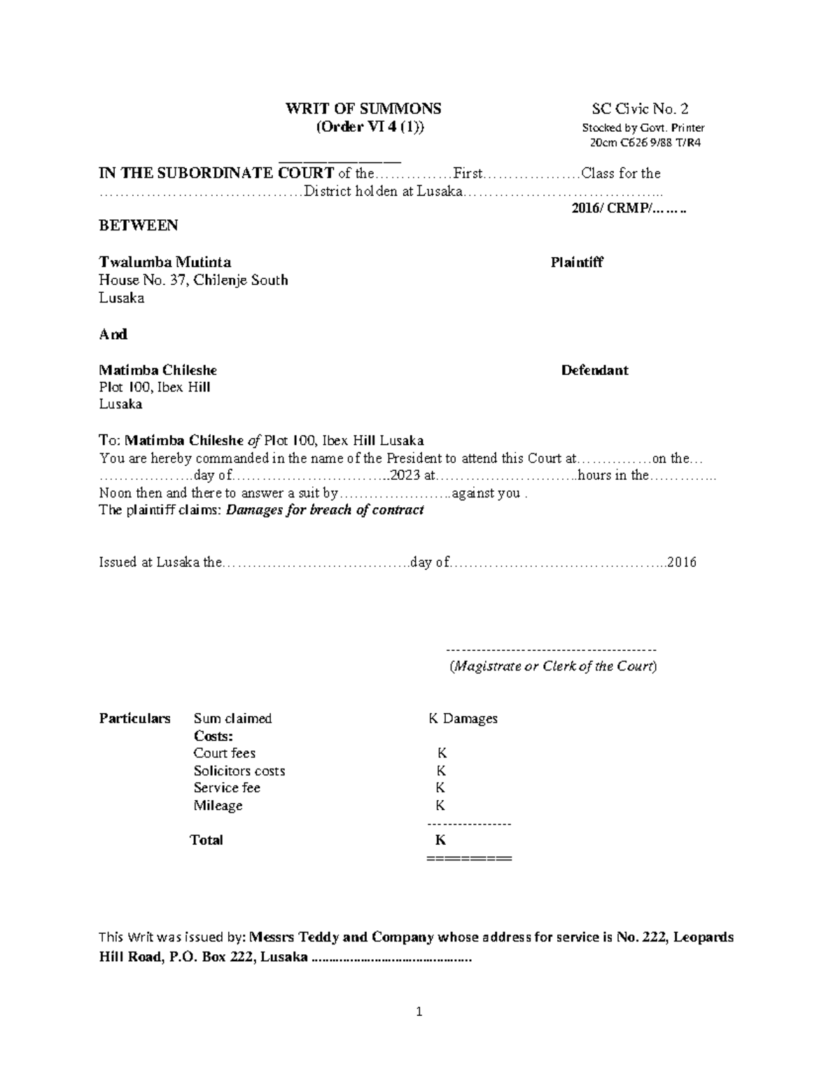 WRIT OF Summons - WRIT OF SUMMONS SC Civic No. 2 (Order VI 4 (1 ...