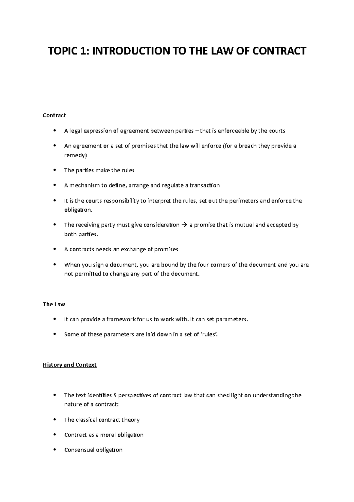 Contracts 70211 Summary Notes - TOPIC 1: INTRODUCTION TO THE LAW OF ...