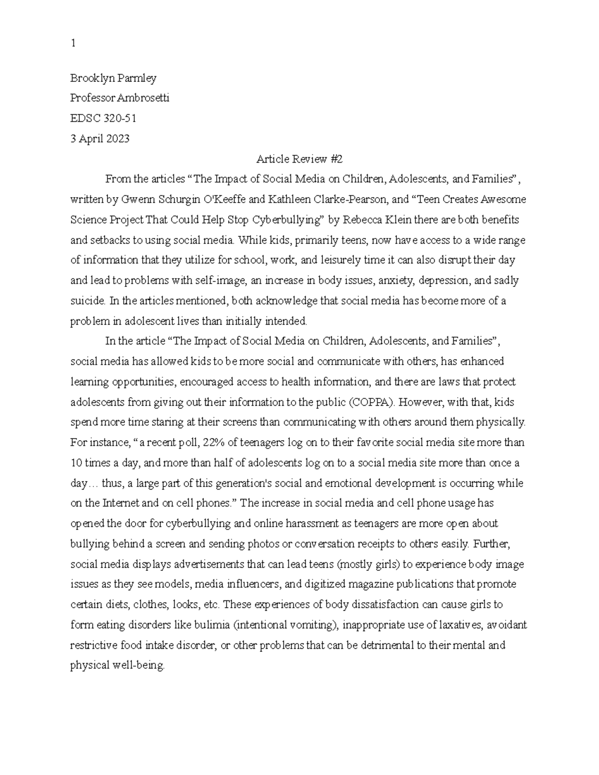 Article Review #2 - 1 Brooklyn Parmley Professor Ambrosetti EDSC 320- 3 ...