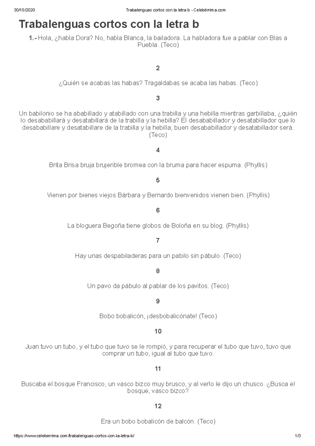 B - Trabalenguas - 30/10/2020 Trabalenguas cortos con la letra b ...