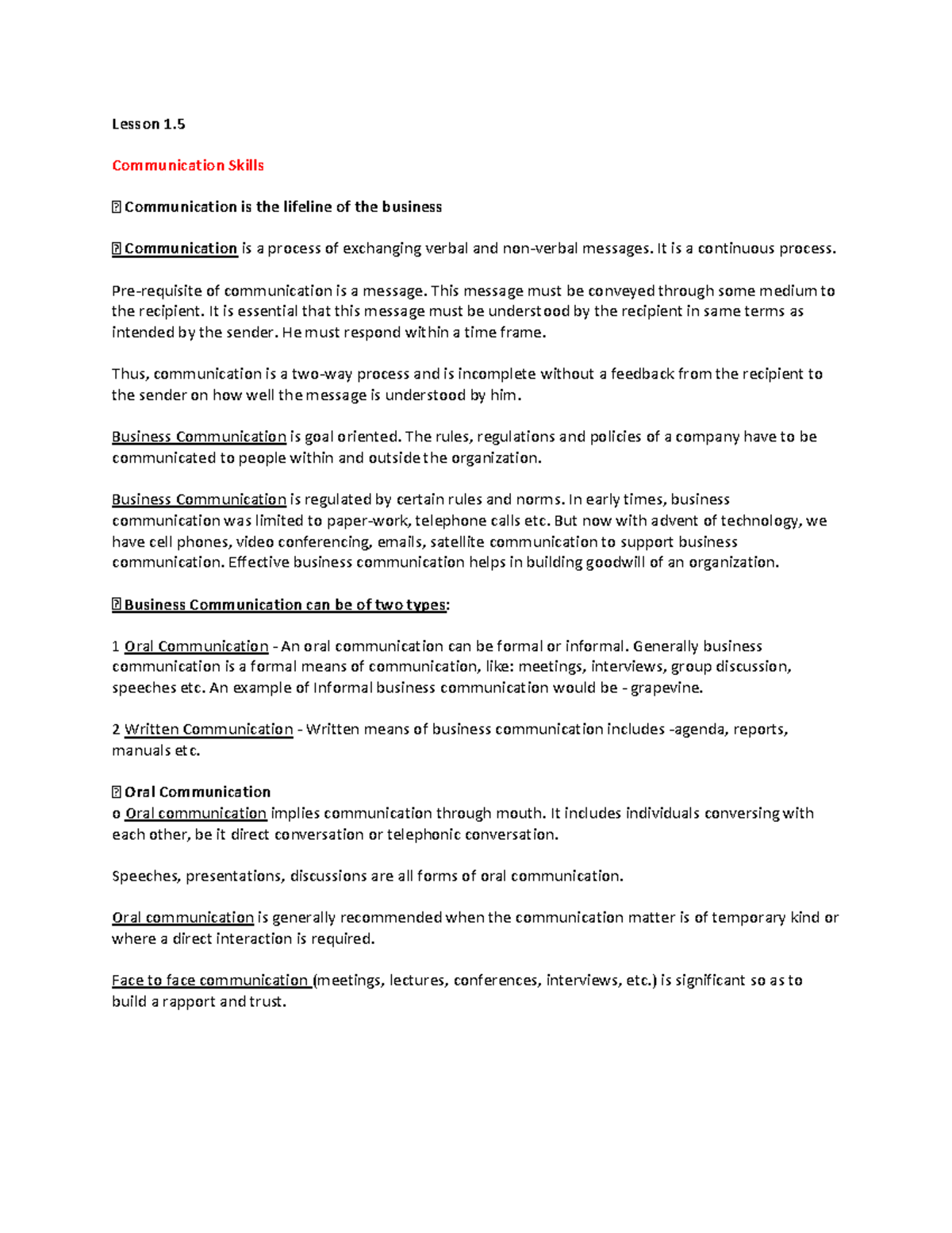 Lesson-1.5 - Hrm notes - Lesson 1. Communication Skills Communication ...