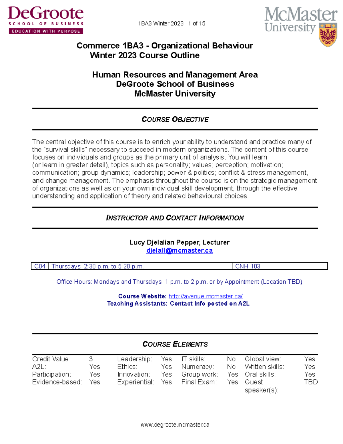1BA3 Course Outline - Commerce 1BA3 - Organizational Behaviour Winter ...