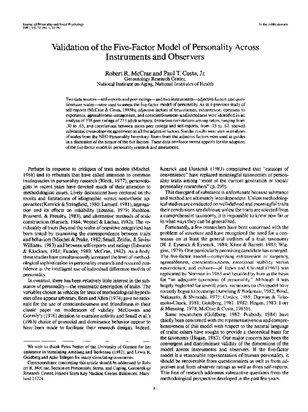 Artikel Five Factor Model- probleem 5 - Journal of Personality and ...