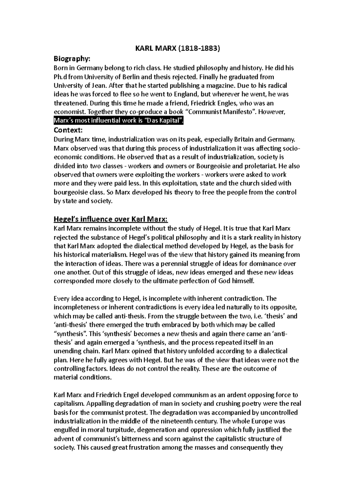 KARL MARX - Best and easy notes on Karl Marx - KARL MARX (1818-1883 ...