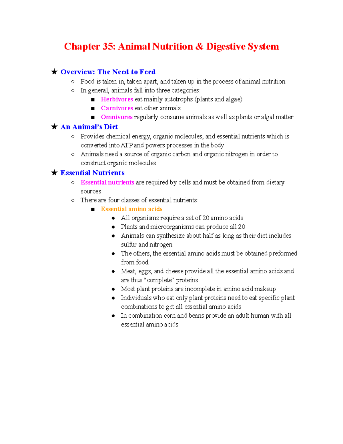 Bio 182 Chapter 35 Animal Nutrition & Digestive System - Chapter 35 ...