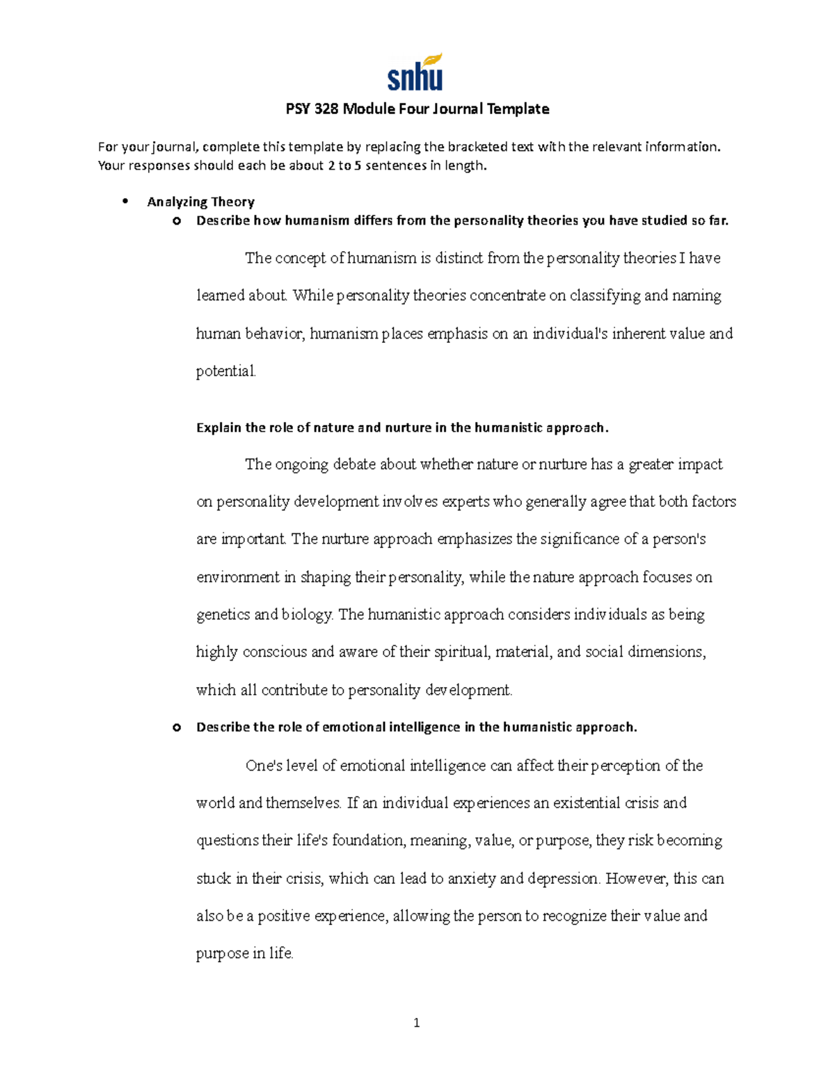 PSY 328 Module Four Journal Template - PSY 328 Module Four Journal ...