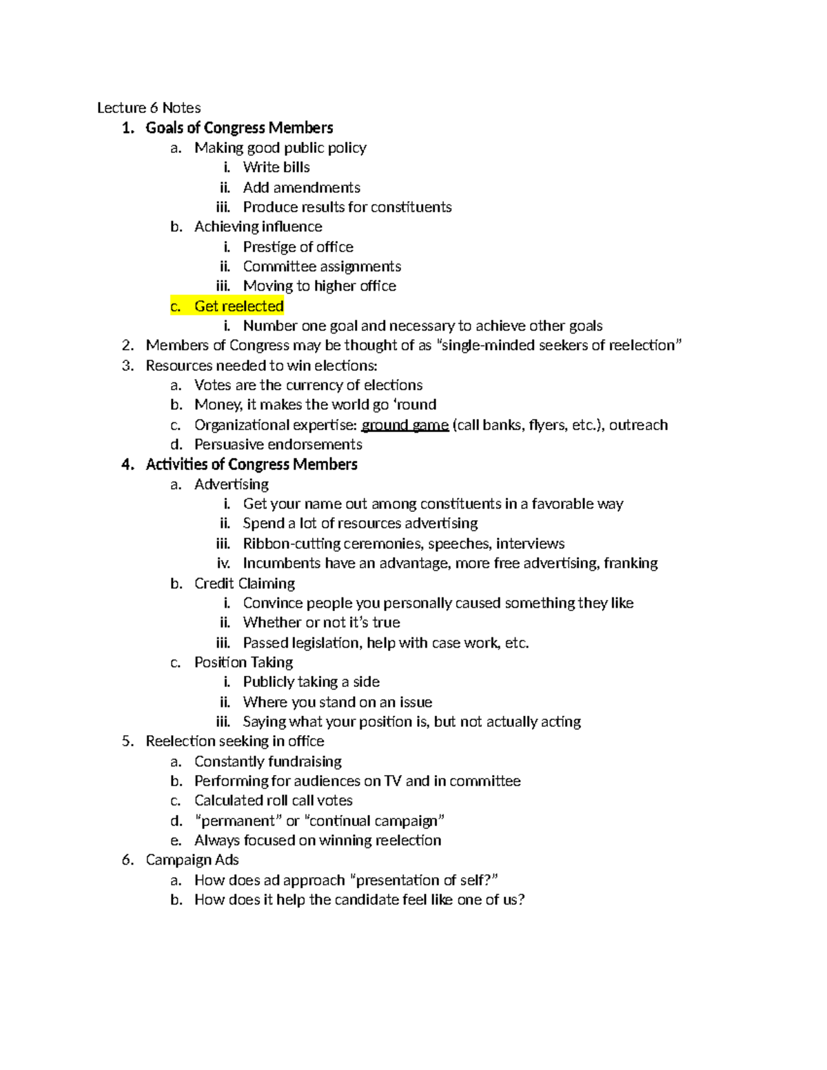 Lecture 6 (Mayhew) - notes - Lecture 6 Notes 1. Goals of Congress ...
