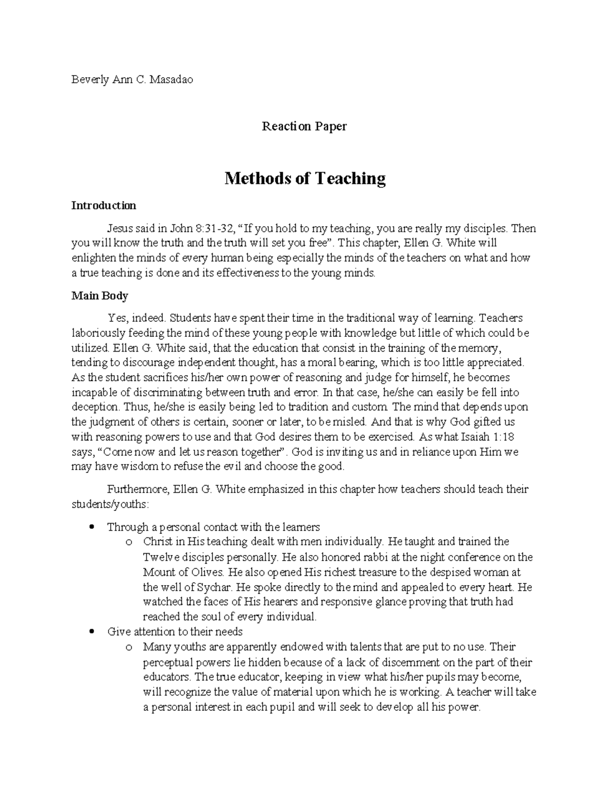 Advanced Philo Ad. - Reaction Paper - Beverly Ann C. Masadao Reaction ...