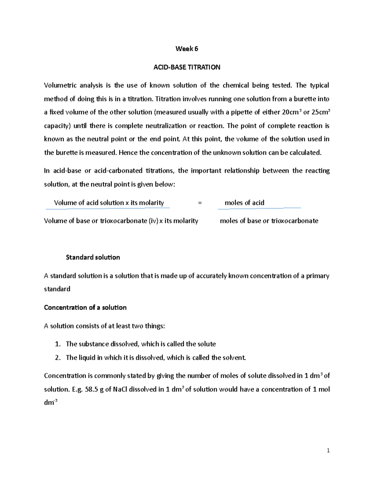 ACID-BASE Titration - Week 6 ACID-BASE TITRATION Volumetric analysis is ...