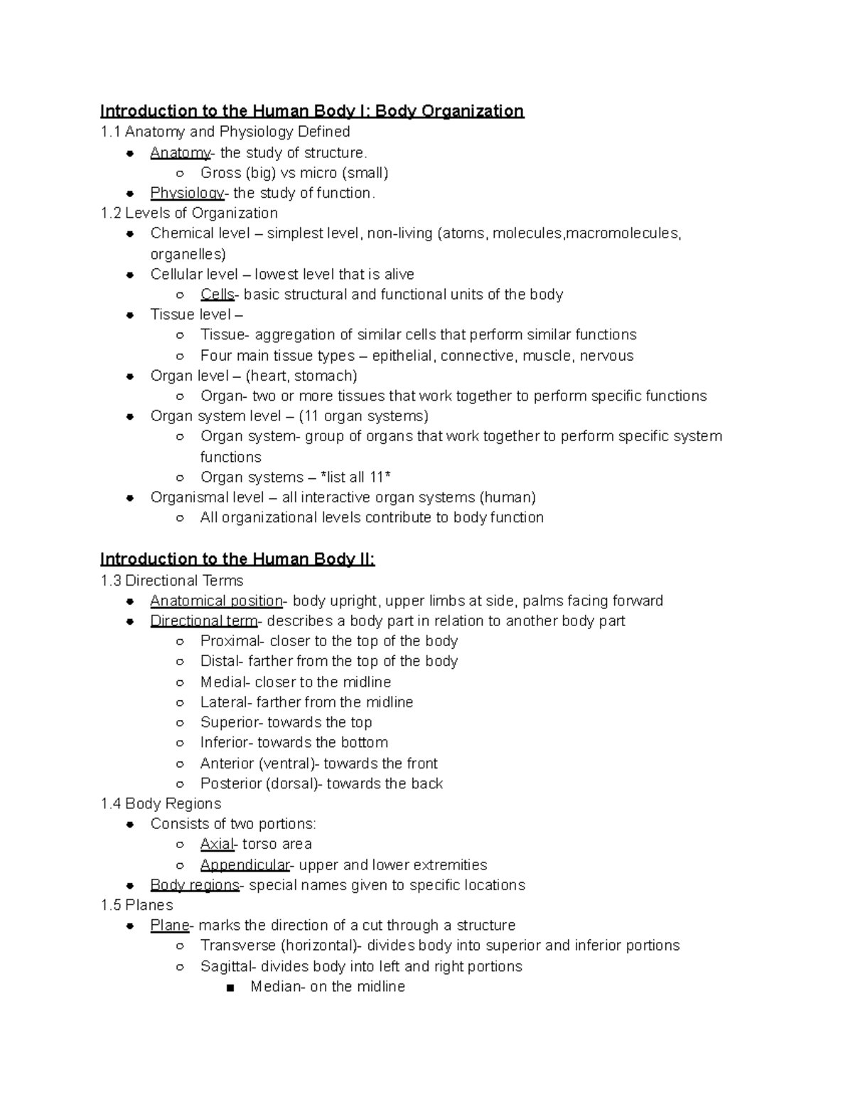 HHP 1400 Unit 1 Notes - Introduction to the Human Body I: Body ...