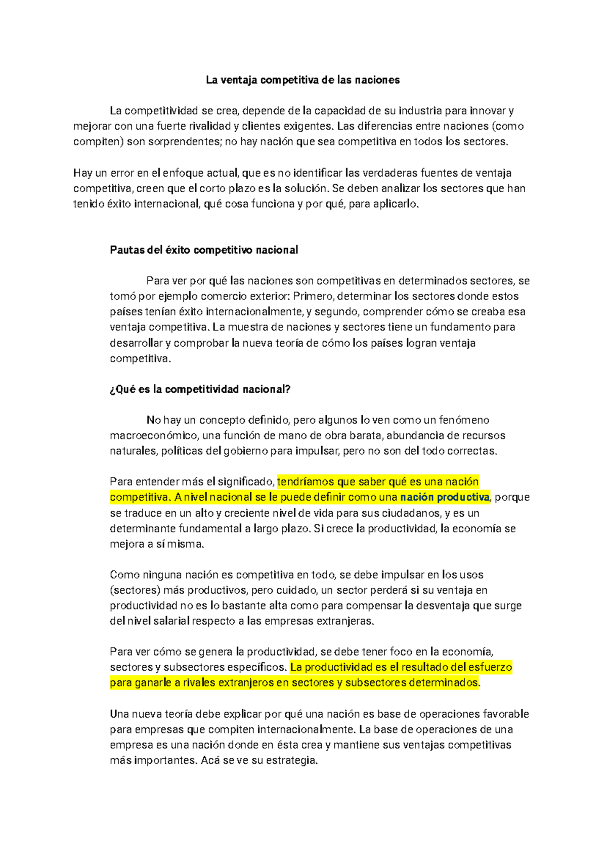 Lectura 2 - La Ventaja Competitiva de las Naciones - La ventaja competitiva de las naciones La ...