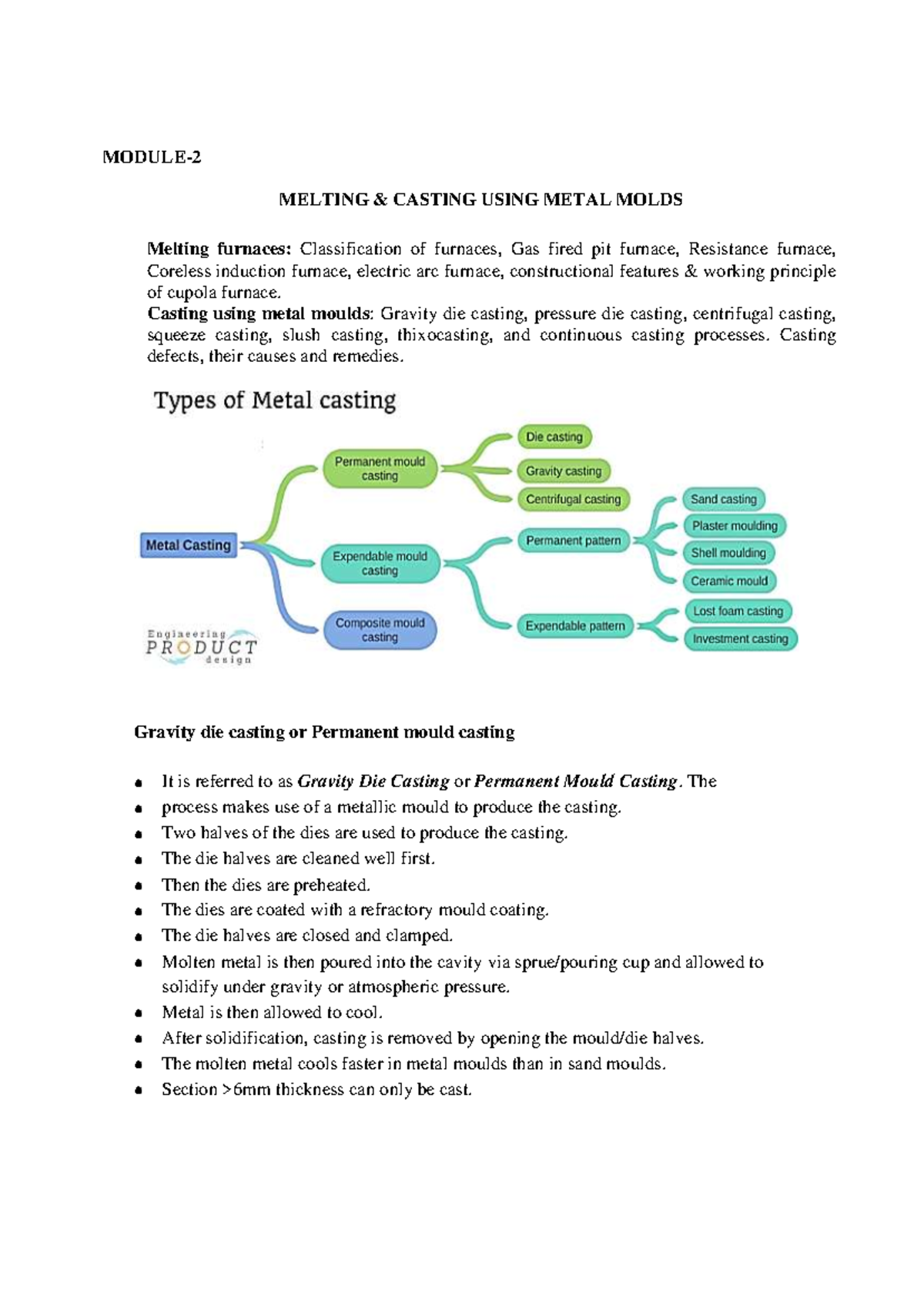 MP Module-2 - tttwse - MODULE- MELTING & CASTING USING METAL MOLDS Melting furnaces: - Studocu