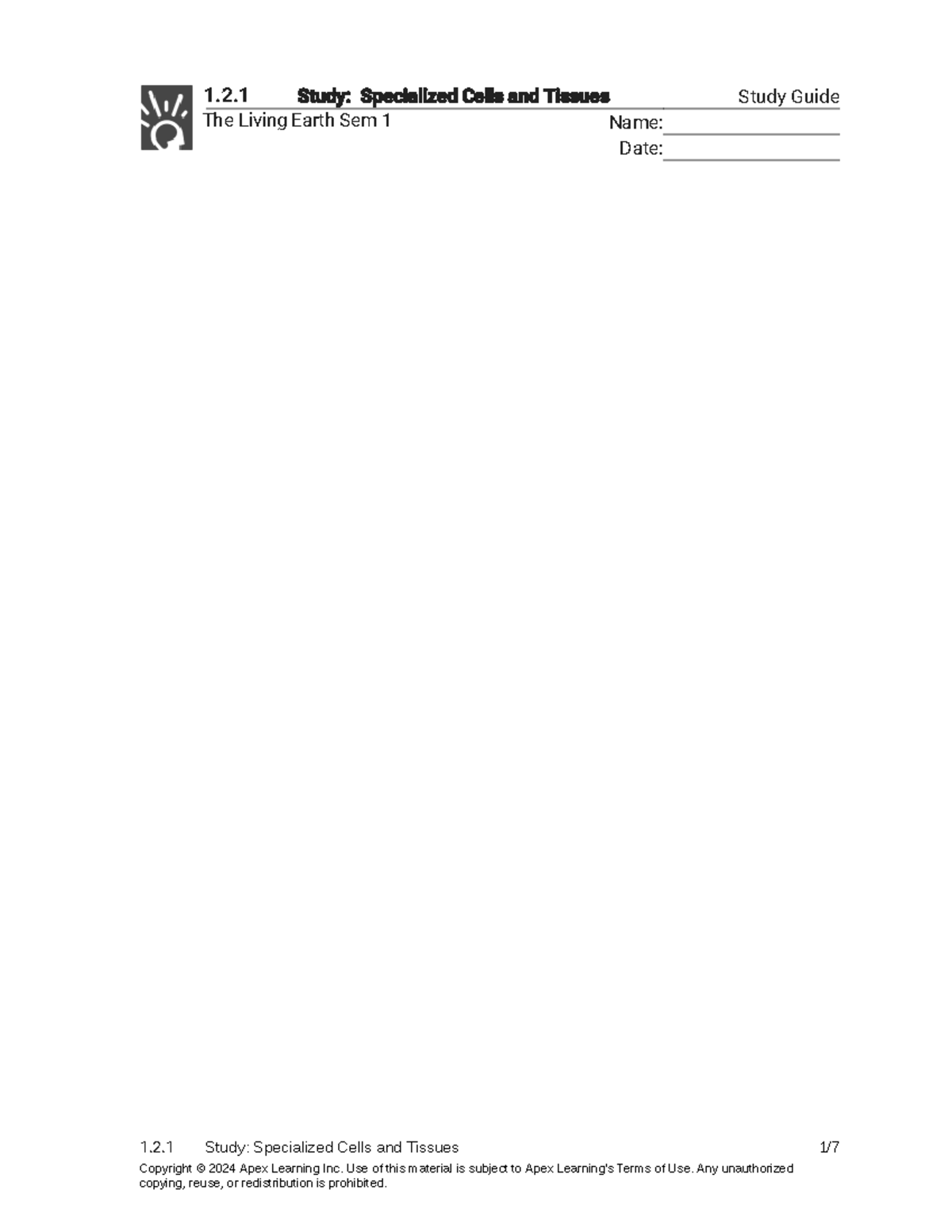 1.2.1 Study - Specialized Cells and Tissues (Study guide) - Study ...