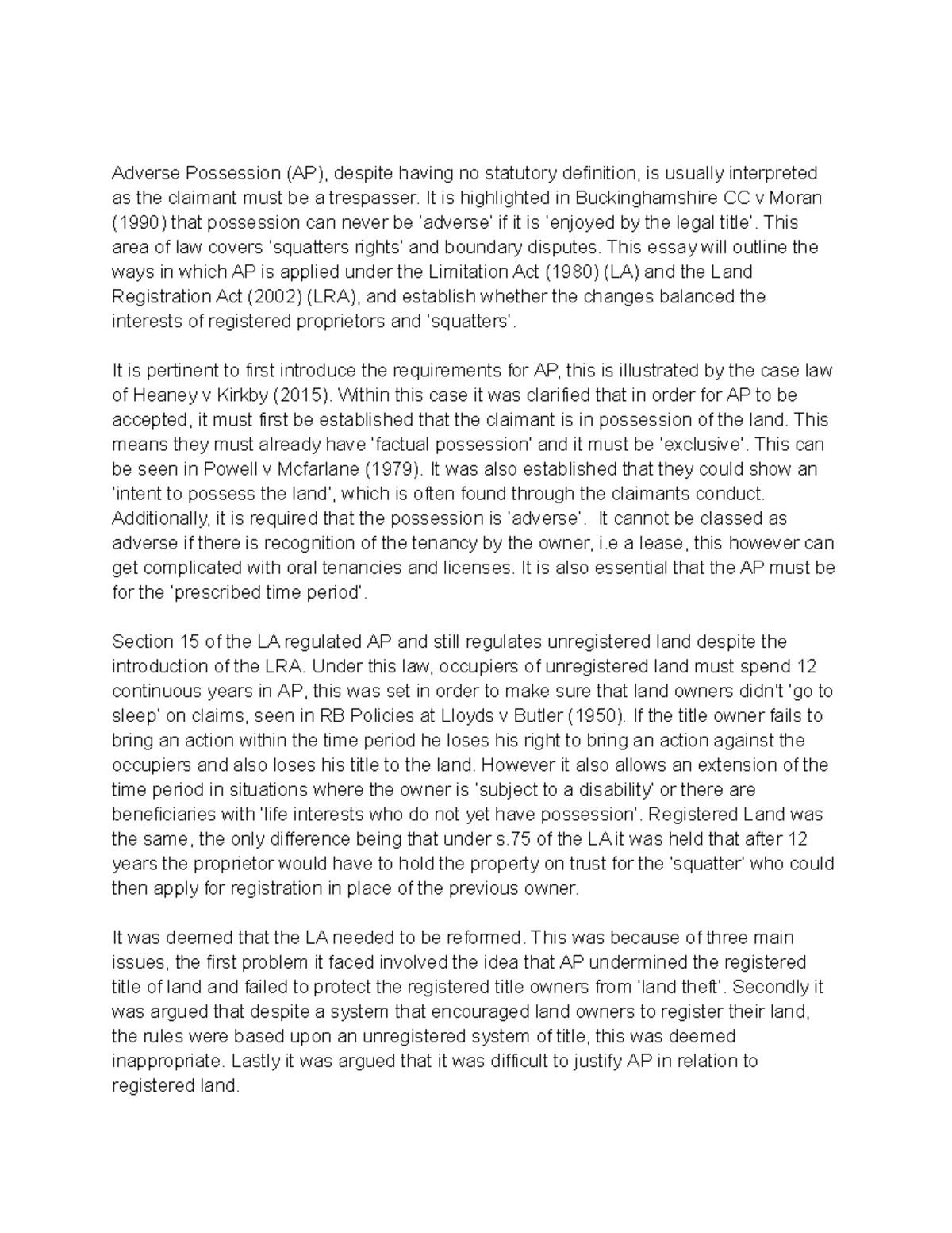 Land Law Adverse Possession - Adverse Possession (AP), despite having ...