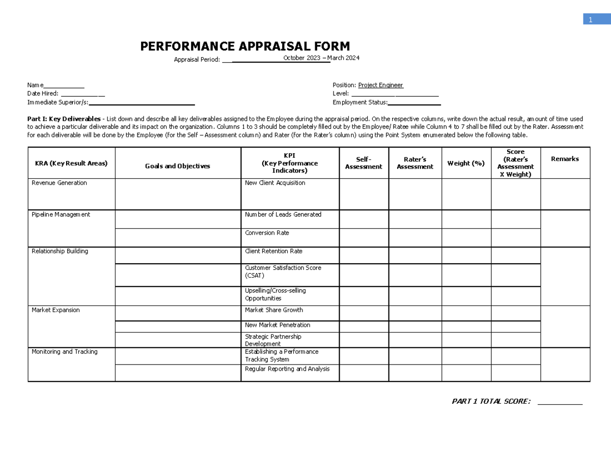 Performance Appraisal FORM Business DEV - October 2023 – March 2024 ...