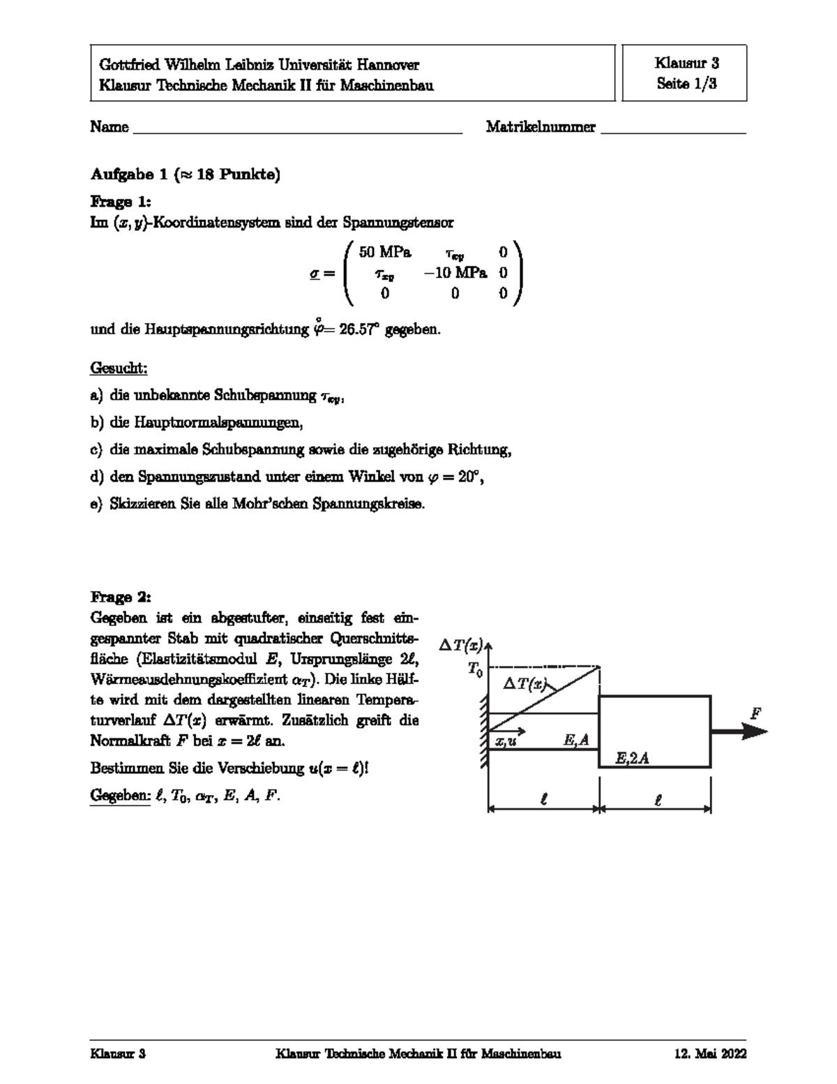 Klausur 3 - tm2 - Technische Mechanik II - Studocu