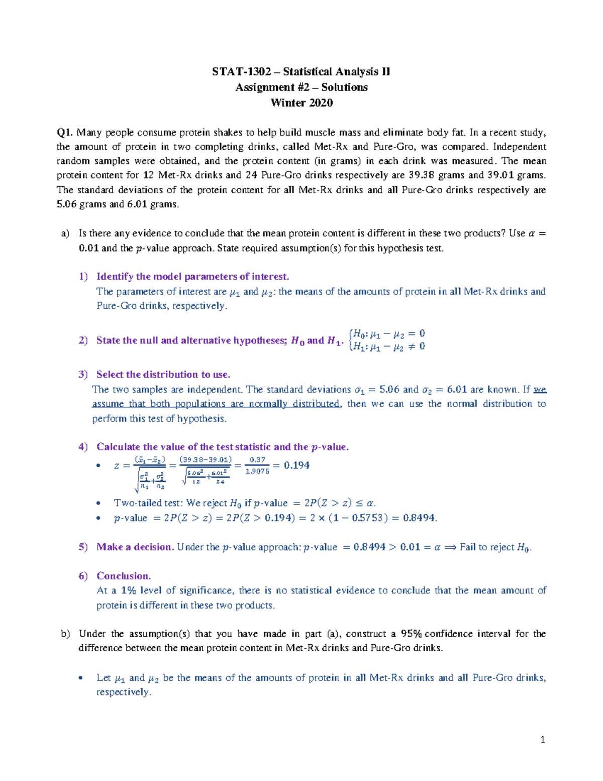 STAT1302 Assignment 2 Solutions W20 - Warning: TT: undefined function: 32 STAT-1302 ...