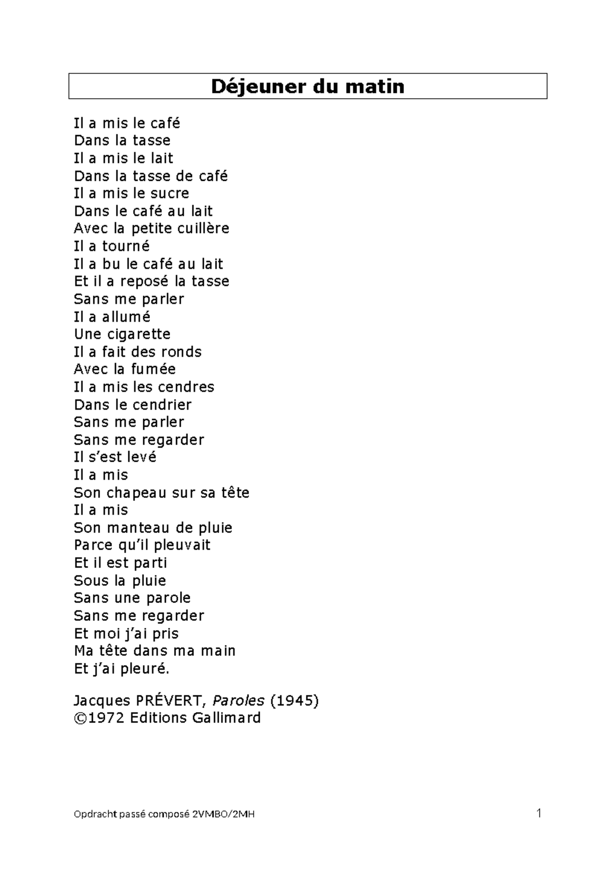 Dejeuner du matin oefening passe compose 2MH en 2VMBO - Déjeuner du ...