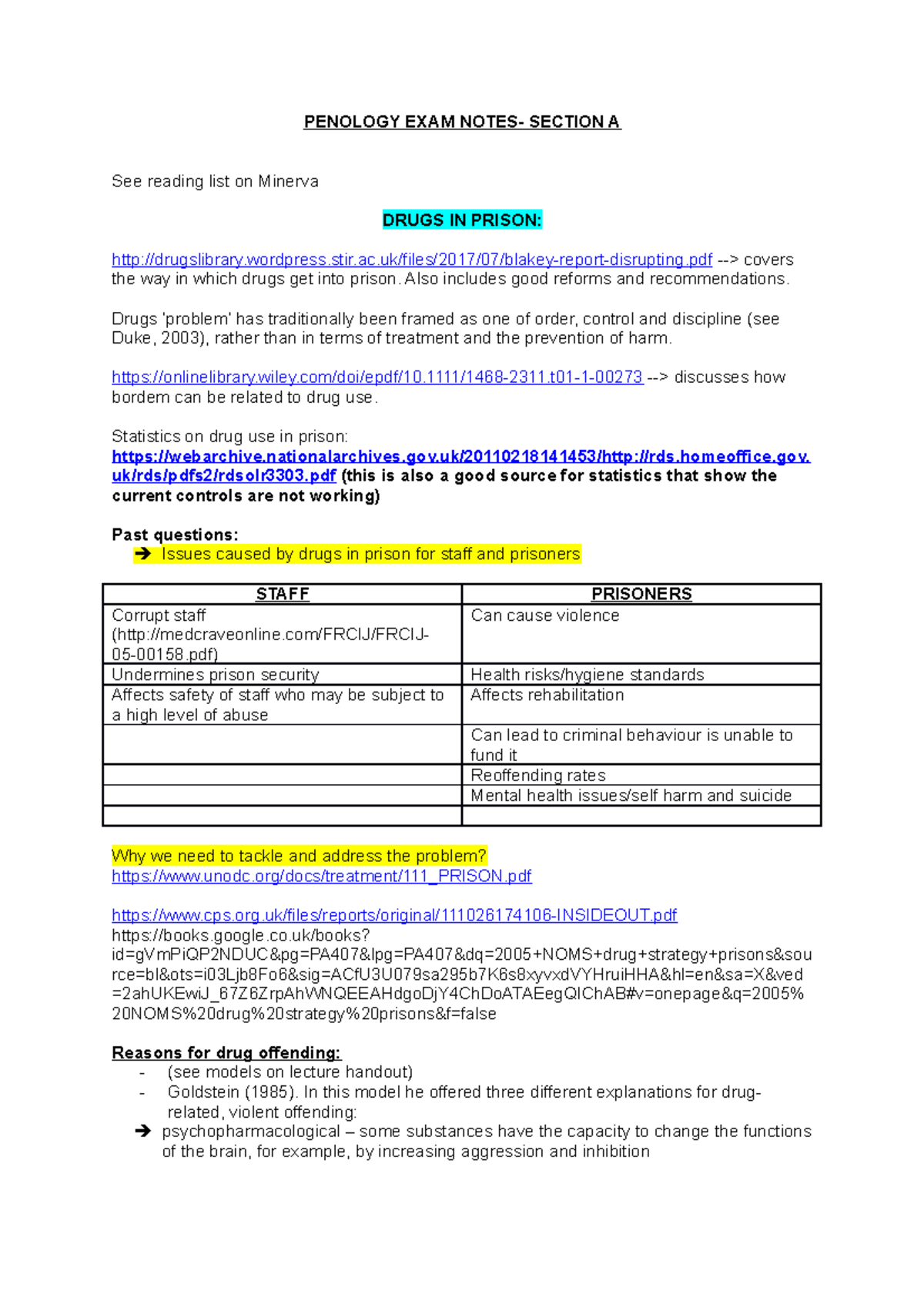 Penology EXAM Notes A - drugs in prison - PENOLOGY EXAM NOTES- SECTION ...