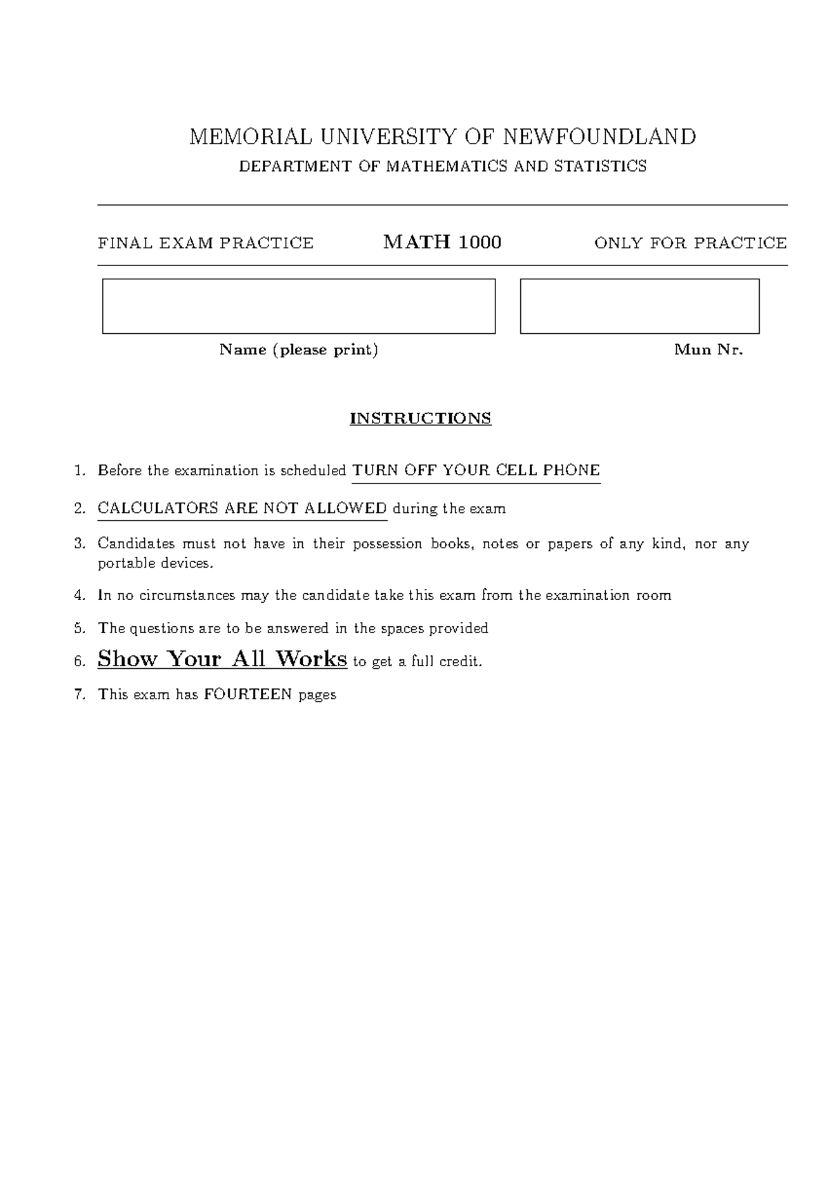 Solutions Winetr 2022 practice final exam - MEMORIAL UNIVERSITY OF ...