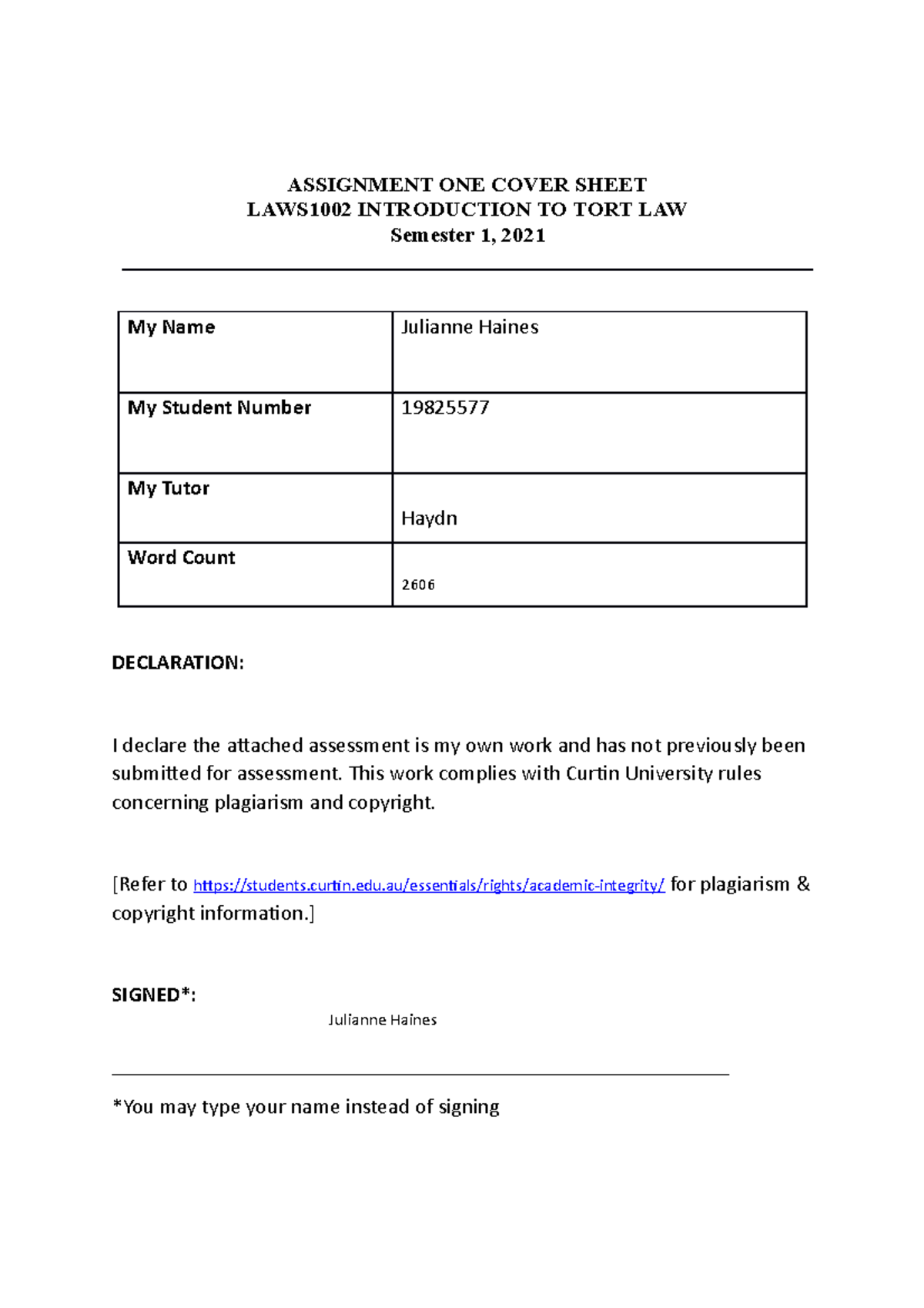 Tort written assignment - ASSIGNMENT ONE COVER SHEET LAWS1002 ...