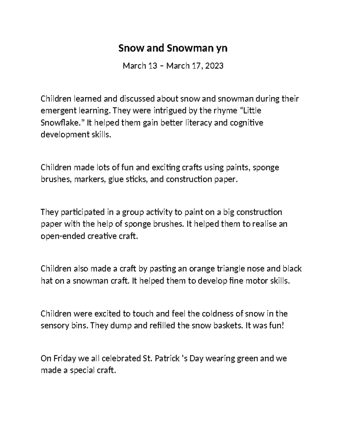 Snow and Snowman - Summary buisiness fineess - Snow and Snowman yn ...