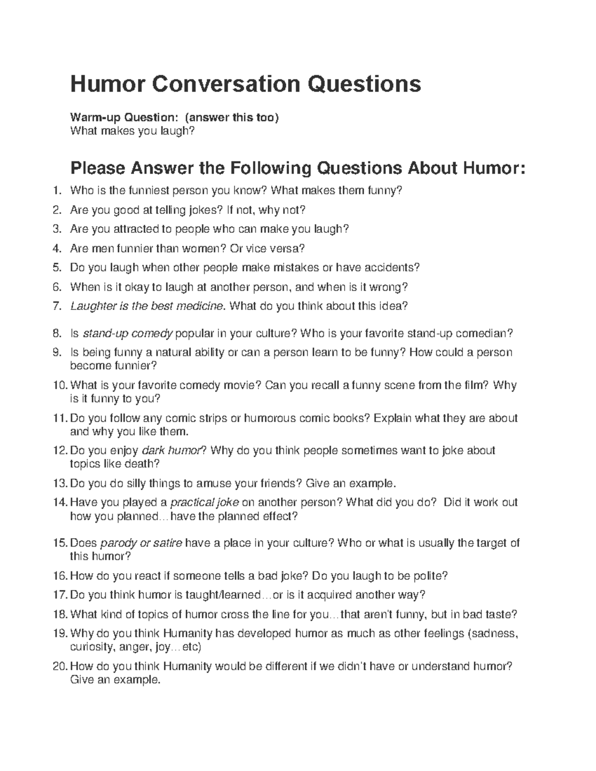 Humor Conversation Questions - Humor Conversation Questions Warm-up ...