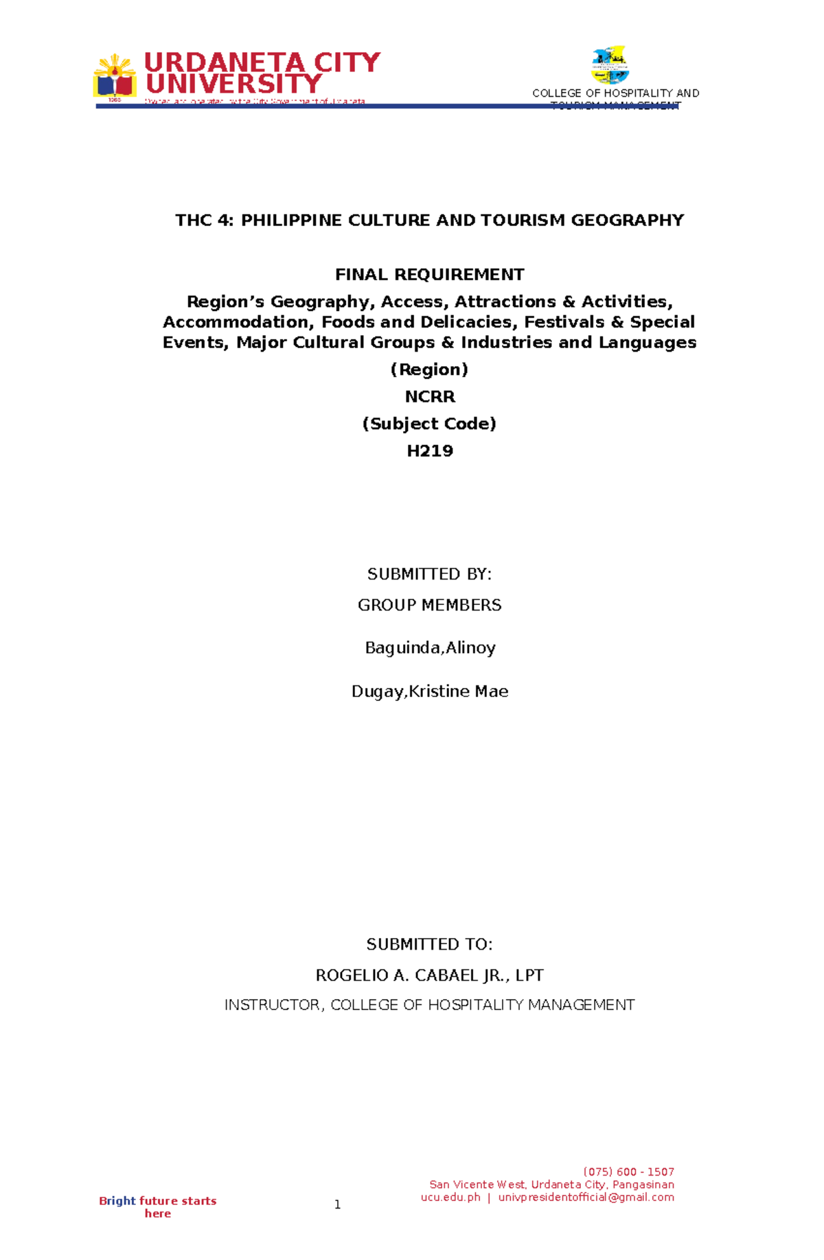 Cover-page - Jwindnf - UNIVERSITY URDANETA CITY COLLEGE OF HOSPITALITY ...