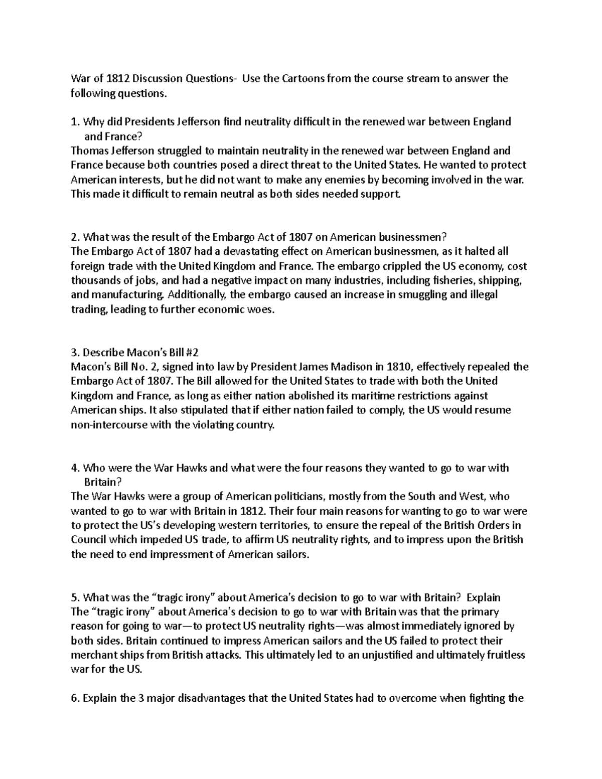 War of 1812 Discussion Questions - Why did Presidents Jefferson find ...