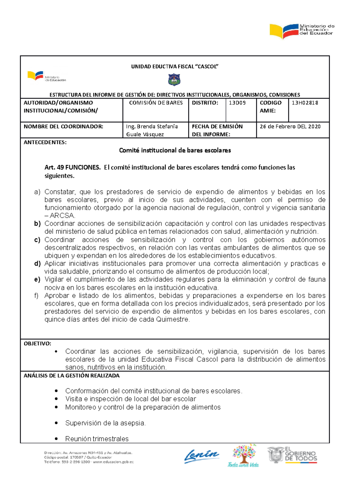 Informe DE Bares Escolares - UNIDAD EDUCTIVA FISCAL “CASCOL” ESTRUCTURA ...
