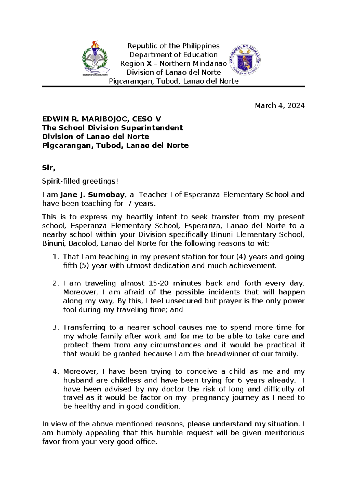 Letter of Intent to Transfer - Republic of the Philippines Department ...