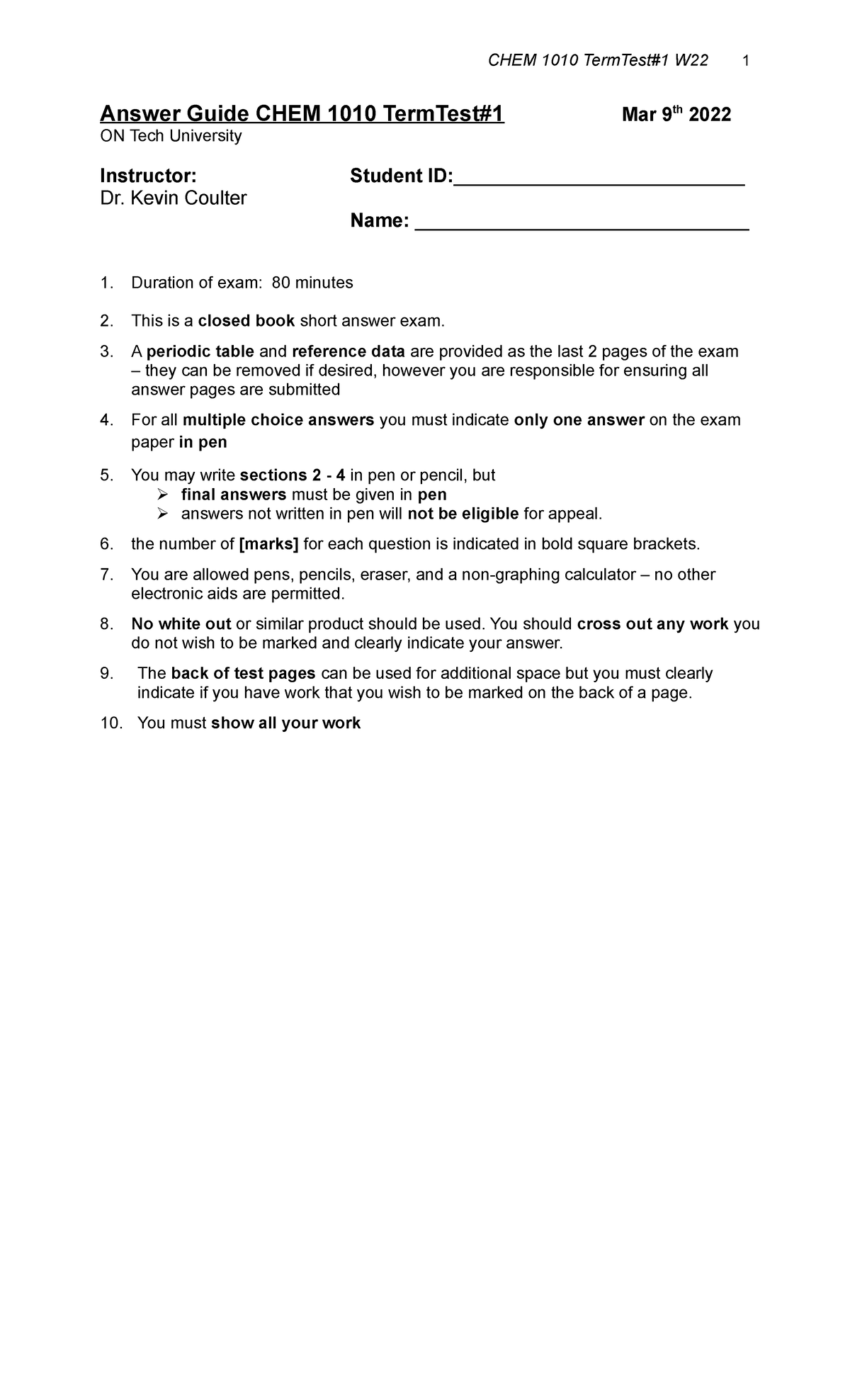Answer Guide Term Test#1 1010 2022 (Mar09) - Answer Guide CHEM 1010 ...