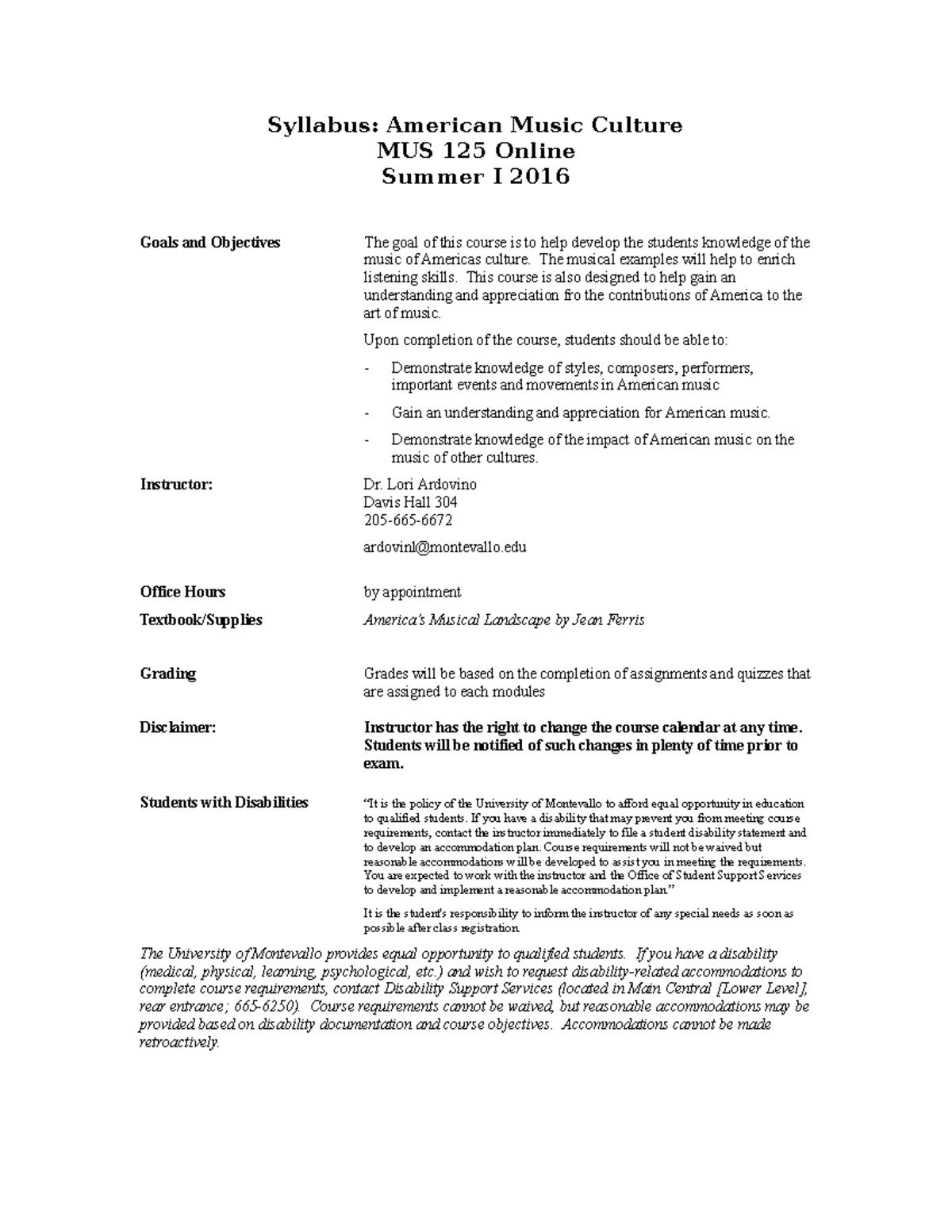 MUS 125 Syllabus-1 - Syllabus - Syllabus: American Music Culture MUS ...