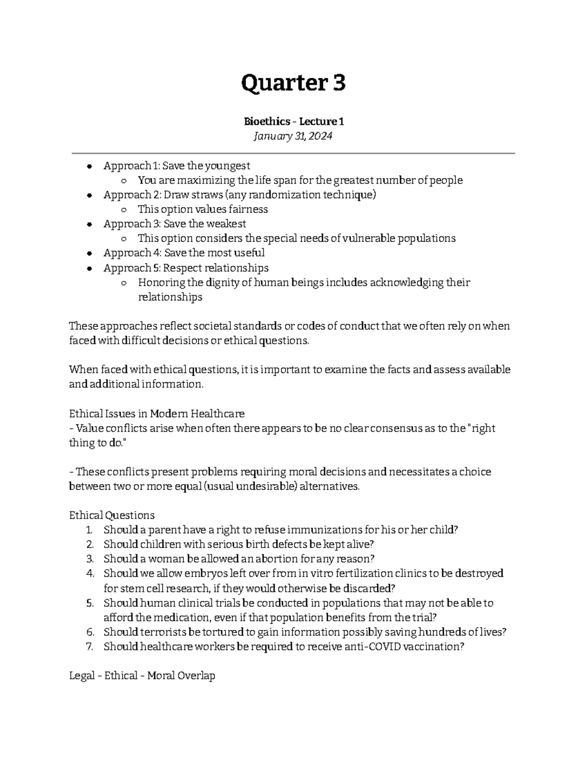[Biology 4] Q3 Lecture Notes - Quarter 3 Bioethics - Lecture 1 January ...