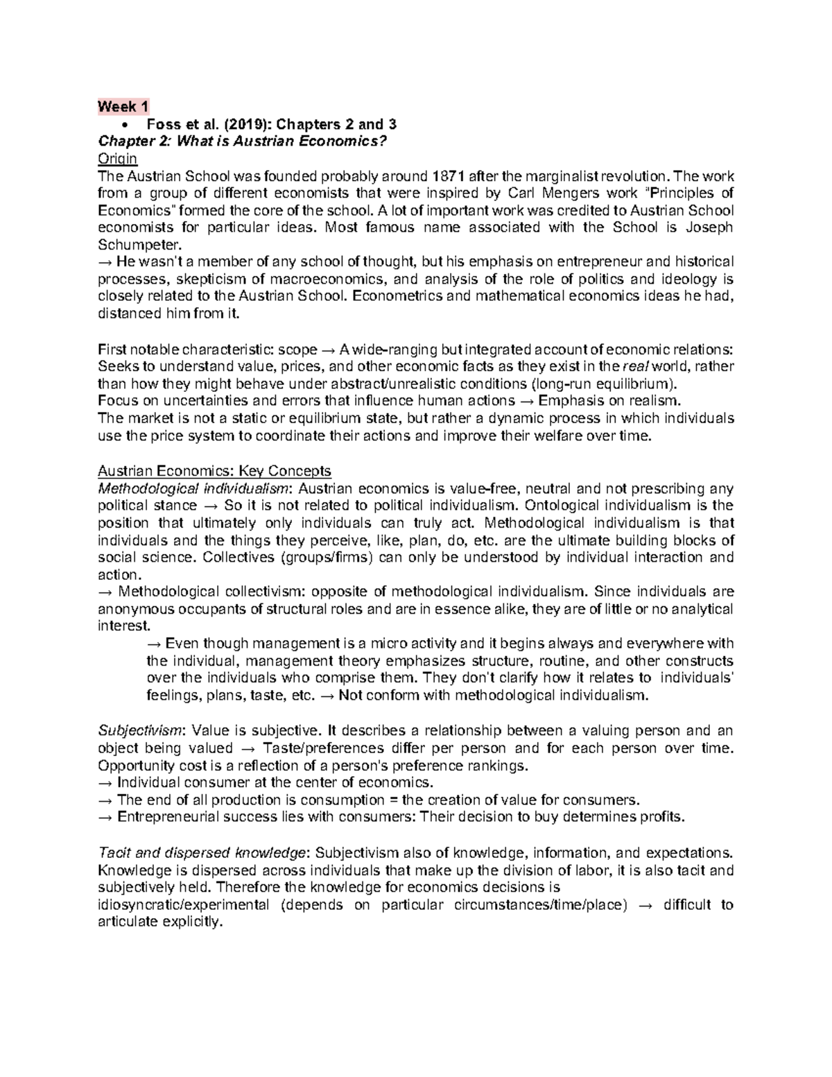 Week 1 - Articles Foss et al. Chapter 2 and 3, Elert et al. Introduction, and Wennekers - Week 1 ...