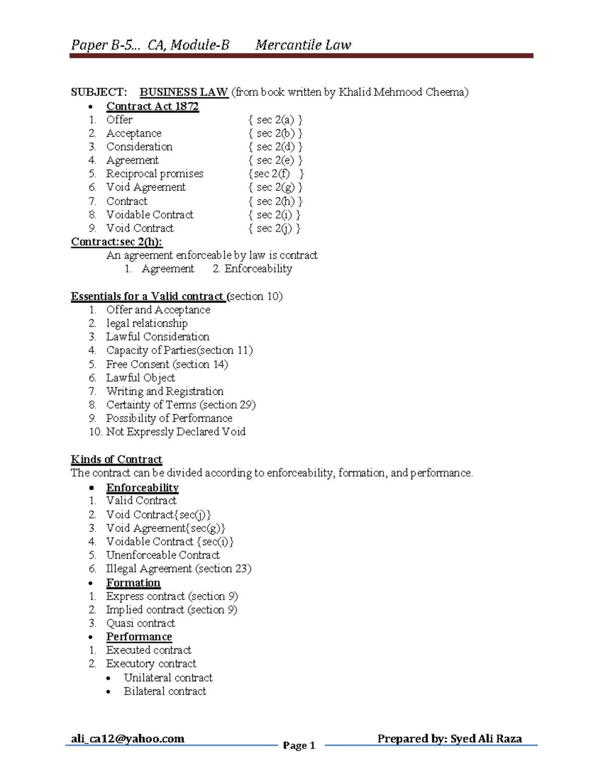 Mercantile Law Short Notes by Syed Ali Raza - ali_ca12@yahoo Page 1 ...