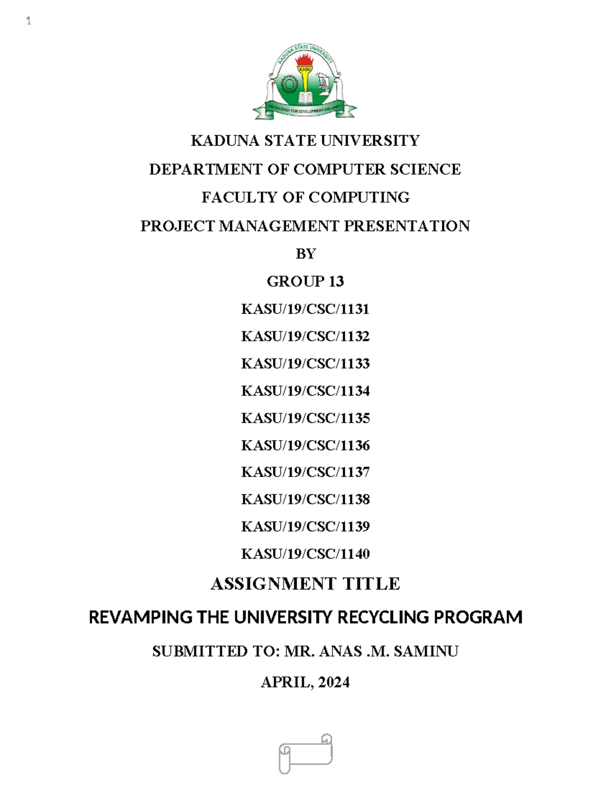 Project Management - KADUNA STATE UNIVERSITY DEPARTMENT OF COMPUTER ...