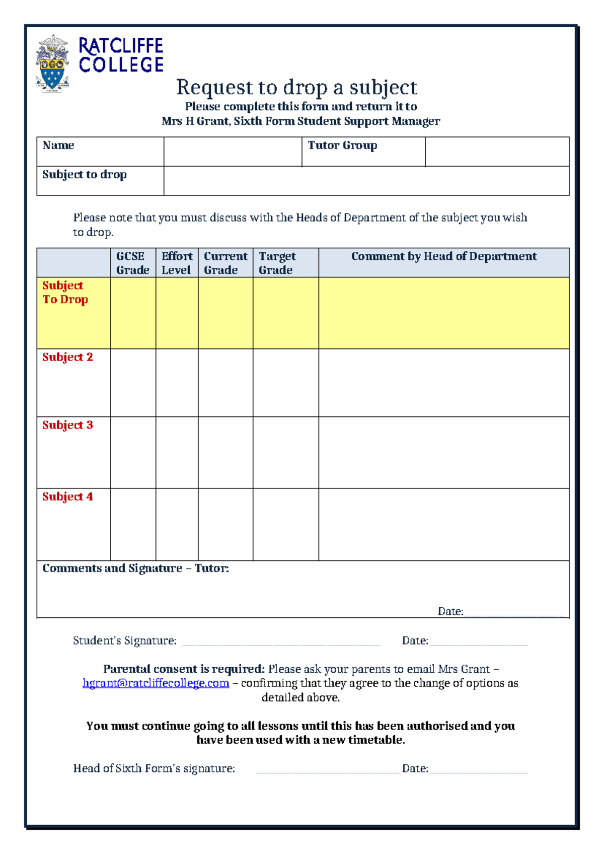 Subject drop form (KS5) - Request to drop a subject Please complete ...
