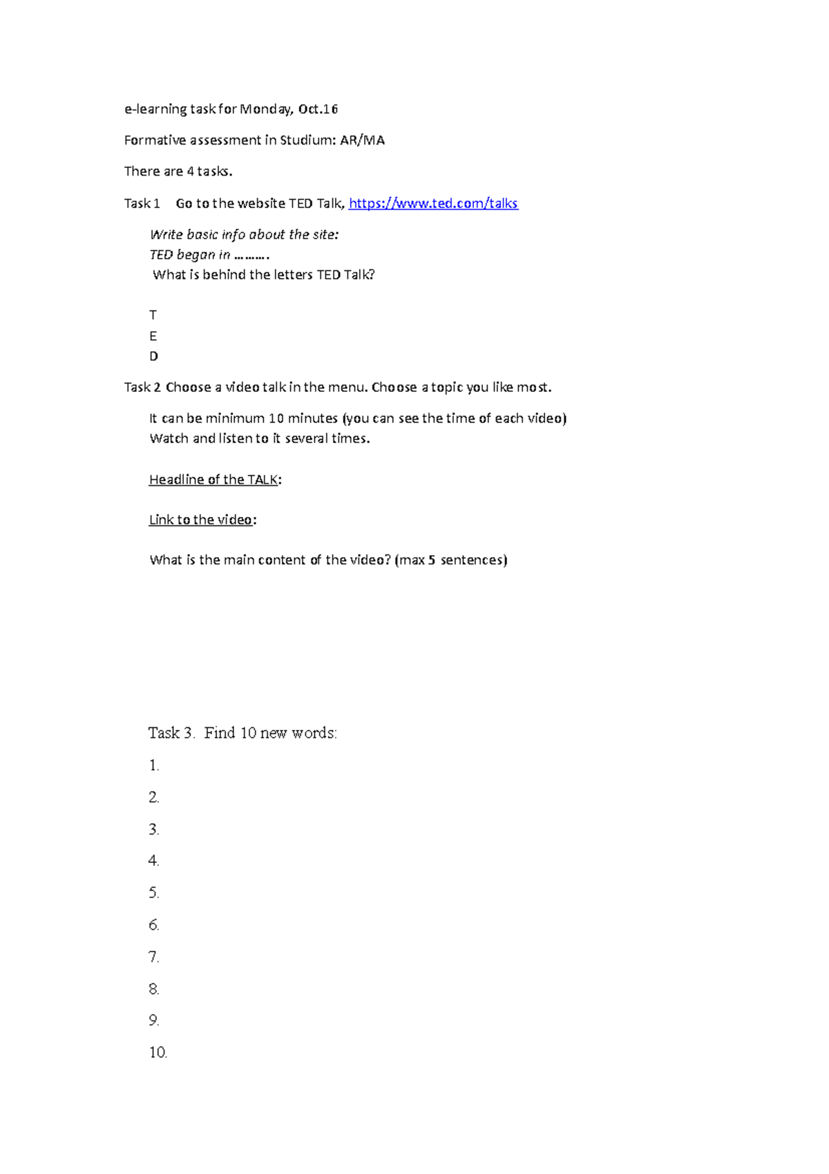 G1-1 TED Talk worksheet instructions - e-learning task for Monday, Oct ...
