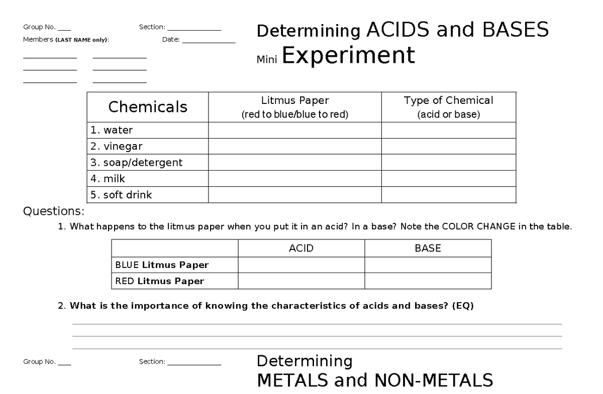 Activity Sheets - Acids,Bases and Metals,Nonmetals - Group No ...